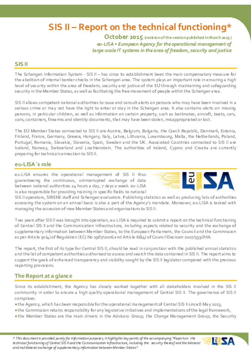 Factsheet: SIS II Technical Report 2015 | eu-LISA